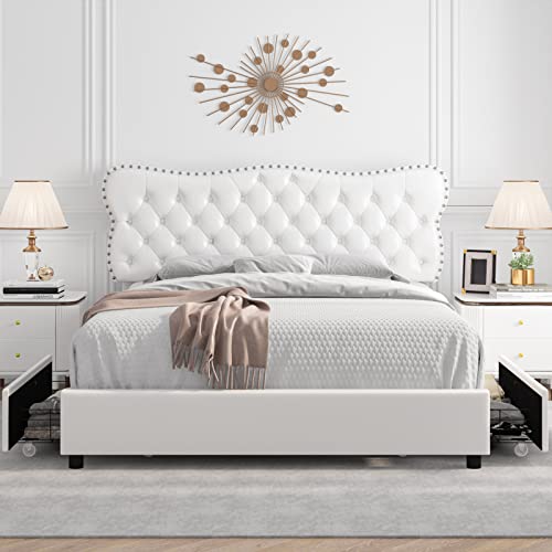 HOSTACK Bed Frame with 4 Storage Drawers, Upholstered Platform Bed Frame with Button Tufted Headboard, Heavy Duty Mattress Foundation with Wooden Slats, No Box Spring Needed (White, Queen)