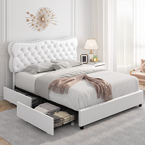 HOSTACK Bed Frame with 4 Storage Drawers, Upholstered Platform Bed Frame with Button Tufted Headboard, Heavy Duty Mattress Foundation with Wooden Slats, No Box Spring Needed (White, Queen)