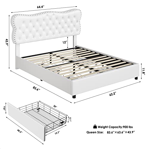 HOSTACK Bed Frame with 4 Storage Drawers, Upholstered Platform Bed Frame with Button Tufted Headboard, Heavy Duty Mattress Foundation with Wooden Slats, No Box Spring Needed (White, Queen)