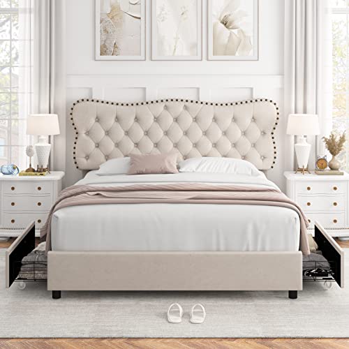 HOSTACK Queen Bed Frame with 4 Storage Drawers, Upholstered Platform Frame with Button Tufted Headboard, Heavy Duty Mattress Foundation with Wooden Slats, No Box Spring Needed (Beige)