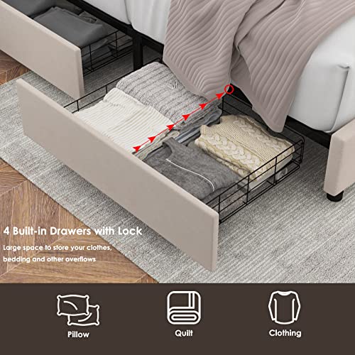 HOSTACK Queen Bed Frame with 4 Storage Drawers, Upholstered Platform Frame with Button Tufted Headboard, Heavy Duty Mattress Foundation with Wooden Slats, No Box Spring Needed (Beige)