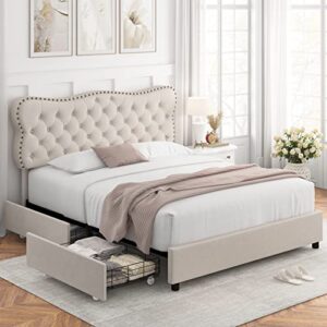 HOSTACK Queen Bed Frame with 4 Storage Drawers, Upholstered Platform Frame with Button Tufted Headboard, Heavy Duty Mattress Foundation with Wooden Slats, No Box Spring Needed (Beige)