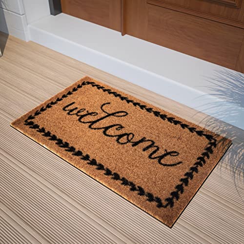 Flash Furniture Harbold Indoor/Outdoor Coir Doormat - Natural Background with Black Welcome Message - 18" x 30" - Non-Slip Backing