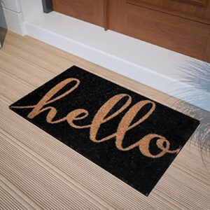 flash furniture harbold indoor/outdoor coir doormat - black background with natural hello message - 18" x 30" - non-slip backing