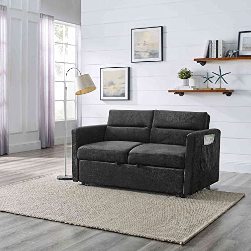 Cotoala Modern Velvet Convertible Loveseat Sleeper Sofa with Adjustable Backrest, Pull Out Bed w/Arms & 2 Lumbar Pillows, 2 Seat Corner Couch Living Room & Apartment, Black