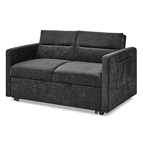 Cotoala Modern Velvet Convertible Loveseat Sleeper Sofa with Adjustable Backrest, Pull Out Bed w/Arms & 2 Lumbar Pillows, 2 Seat Corner Couch Living Room & Apartment, Black