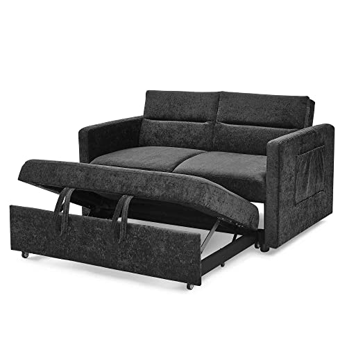 Cotoala Modern Velvet Convertible Loveseat Sleeper Sofa with Adjustable Backrest, Pull Out Bed w/Arms & 2 Lumbar Pillows, 2 Seat Corner Couch Living Room & Apartment, Black