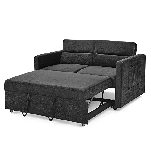 Cotoala Modern Velvet Convertible Loveseat Sleeper Sofa with Adjustable Backrest, Pull Out Bed w/Arms & 2 Lumbar Pillows, 2 Seat Corner Couch Living Room & Apartment, Black