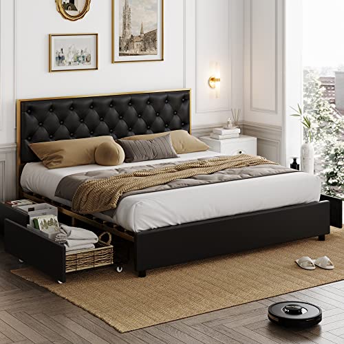 HIFIT Queen Bed Frame with 4 Storage Drawers, Faux Leather Queen Platform Bed Frame with Button Tufted Headboard, Heavy Duty Mattress Foundation with Wooden Slats, No Box Spring Needed, Golden & Black