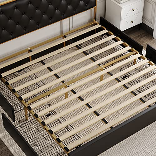 HIFIT Queen Bed Frame with 4 Storage Drawers, Faux Leather Queen Platform Bed Frame with Button Tufted Headboard, Heavy Duty Mattress Foundation with Wooden Slats, No Box Spring Needed, Golden & Black