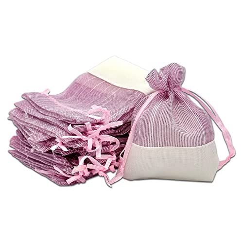 TheDisplayGuys For Your Modern Living 24-Pack Linen & Pink Organza Gift Bags with Drawstrings (XSmall 3 x 4) - Party Favors, Samples, Treats Mesh Pouches