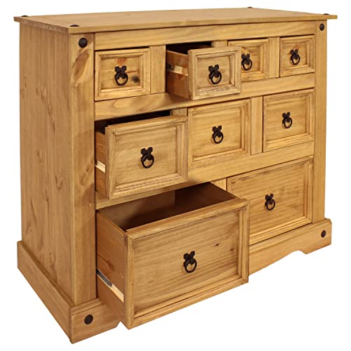 Sunnydaze 39.75-Inch W Solid Pine 9-Drawer Chest of Drawers - For Living or Dining Room - Light Brown