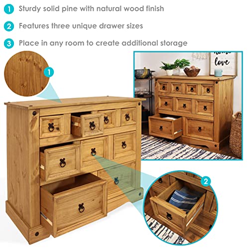 Sunnydaze 39.75-Inch W Solid Pine 9-Drawer Chest of Drawers - For Living or Dining Room - Light Brown