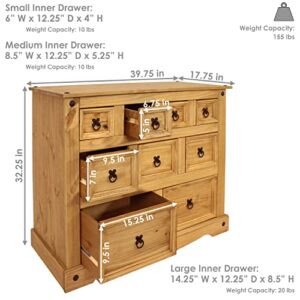 Sunnydaze 39.75-Inch W Solid Pine 9-Drawer Chest of Drawers - For Living or Dining Room - Light Brown