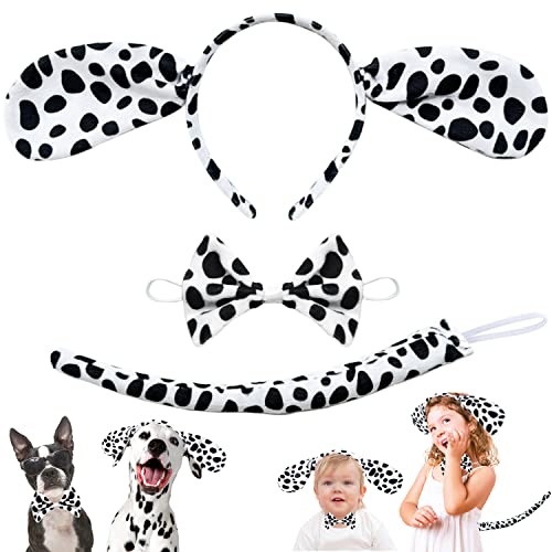 Krgiqn 3 Pack Dalmatian Dog Costume Set,Puppy Ears Black and White Dog Headband,Bow Tie Tail Head Hoops Costume Kit Accessories for Kids Halloween Christmas Cosplay,Party Decoration