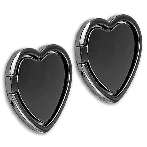 [2 Packs] Love Heart Shaped Glossy Finish Cell Phone Ring Holder Stand, 360 Degree Rotation Finger Ring Kickstand with Polished Metal Phone Grip for Magnetic Car Mount (Black)