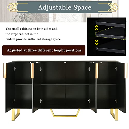 CKLMMC Modern Sideboard, Luxury Style Buffet Cabinet with Metal Handles & Legs and Adjustable Shelves,Particle Board & MDF Console Table for Living Room,Dining Room (Black& MDF*M)