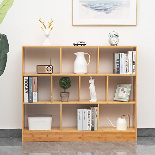 Maydear Bookcase 10 Cube Bookshelves with Base, 3-Tier Bamboo Freestanding Bookcase Storage Organizer Open Shelf Display Cabinet for Bedroom, Living Room, Kitchen and Office Storage Shelves