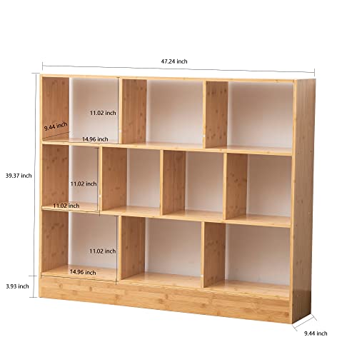 Maydear Bookcase 10 Cube Bookshelves with Base, 3-Tier Bamboo Freestanding Bookcase Storage Organizer Open Shelf Display Cabinet for Bedroom, Living Room, Kitchen and Office Storage Shelves