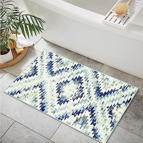 Lahome Washable Boho Bathroom Rug, Blue 2x3 Kitchen Rug with Rubber Backing Soft Entry Rugs, Southwestern Geometric Non Slip Bath Mat Floor Carpet for Laundry Bedroom