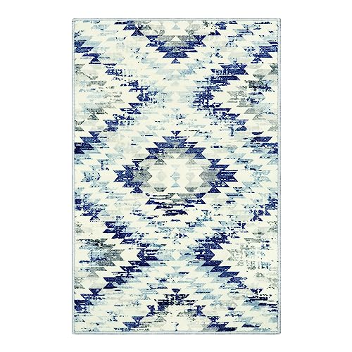 Lahome Washable Boho Bathroom Rug, Blue 2x3 Kitchen Rug with Rubber Backing Soft Entry Rugs, Southwestern Geometric Non Slip Bath Mat Floor Carpet for Laundry Bedroom