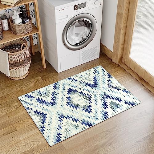 Lahome Washable Boho Bathroom Rug, Blue 2x3 Kitchen Rug with Rubber Backing Soft Entry Rugs, Southwestern Geometric Non Slip Bath Mat Floor Carpet for Laundry Bedroom