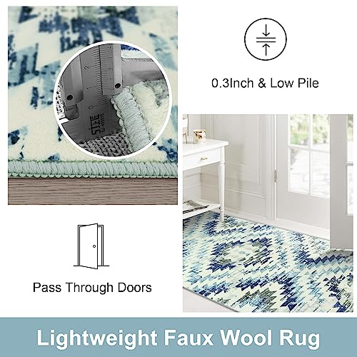 Lahome Washable Boho Bathroom Rug, Blue 2x3 Kitchen Rug with Rubber Backing Soft Entry Rugs, Southwestern Geometric Non Slip Bath Mat Floor Carpet for Laundry Bedroom