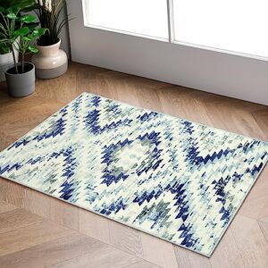 Lahome Washable Boho Bathroom Rug, Blue 2x3 Kitchen Rug with Rubber Backing Soft Entry Rugs, Southwestern Geometric Non Slip Bath Mat Floor Carpet for Laundry Bedroom