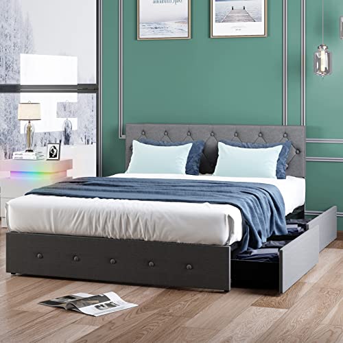 ZAFLY Platform Bed Frame Queen Size with 4 Storage Drawers,Queen Bed Frame with Headboard,Diamond Stitched Button Tufted Design,Wooden Slats Support,No Box Spring Needed,Easy Assembly,Dark Grey