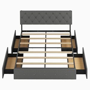 ZAFLY Platform Bed Frame Queen Size with 4 Storage Drawers,Queen Bed Frame with Headboard,Diamond Stitched Button Tufted Design,Wooden Slats Support,No Box Spring Needed,Easy Assembly,Dark Grey