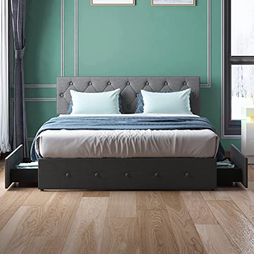 ZAFLY Platform Bed Frame Queen Size with 4 Storage Drawers,Queen Bed Frame with Headboard,Diamond Stitched Button Tufted Design,Wooden Slats Support,No Box Spring Needed,Easy Assembly,Dark Grey