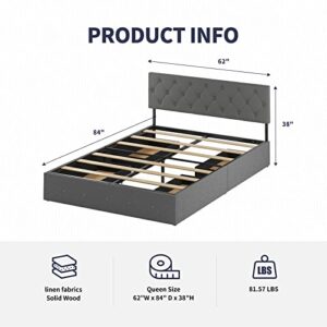 ZAFLY Platform Bed Frame Queen Size with 4 Storage Drawers,Queen Bed Frame with Headboard,Diamond Stitched Button Tufted Design,Wooden Slats Support,No Box Spring Needed,Easy Assembly,Dark Grey