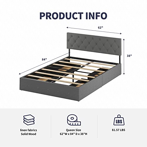 ZAFLY Platform Bed Frame Queen Size with 4 Storage Drawers,Queen Bed Frame with Headboard,Diamond Stitched Button Tufted Design,Wooden Slats Support,No Box Spring Needed,Easy Assembly,Dark Grey