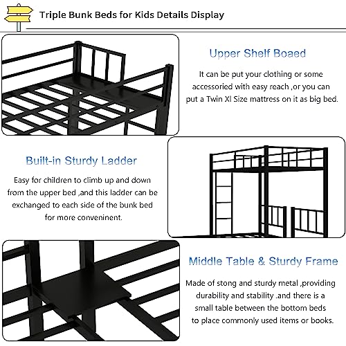 Harper & Bright Designs Triple Bunk Beds, Metal Triple Bunk Bed Twin Over Twin & Twin Size, 3 Bed Bunk Beds for Kids, Teens,Can be Separated into 3 Twin Beds, Black