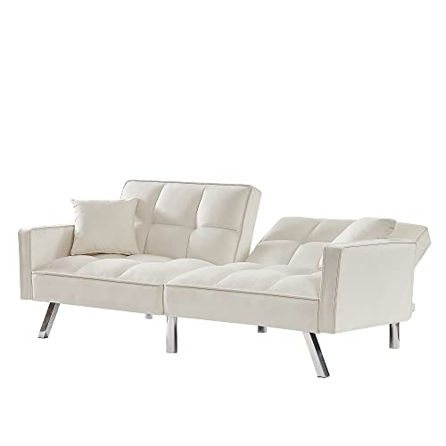 Ucloveria Mid-Century Modern Sofa Futon Couch/Loveseat/Sectional Sofa/Velvet Sofa Bed with Armrests and 2 Pillows for Living Room Bedroom, 74.4" W, White