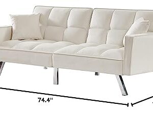 Ucloveria Mid-Century Modern Sofa Futon Couch/Loveseat/Sectional Sofa/Velvet Sofa Bed with Armrests and 2 Pillows for Living Room Bedroom, 74.4" W, White