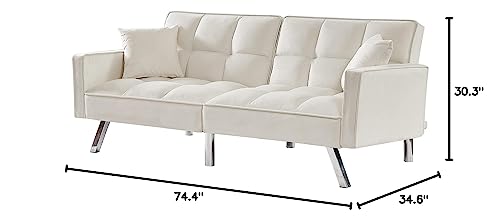 Ucloveria Mid-Century Modern Sofa Futon Couch/Loveseat/Sectional Sofa/Velvet Sofa Bed with Armrests and 2 Pillows for Living Room Bedroom, 74.4" W, White