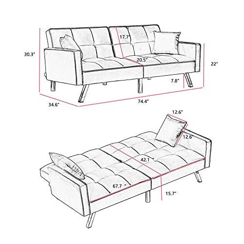 Ucloveria Mid-Century Modern Sofa Futon Couch/Loveseat/Sectional Sofa/Velvet Sofa Bed with Armrests and 2 Pillows for Living Room Bedroom, 74.4" W, White