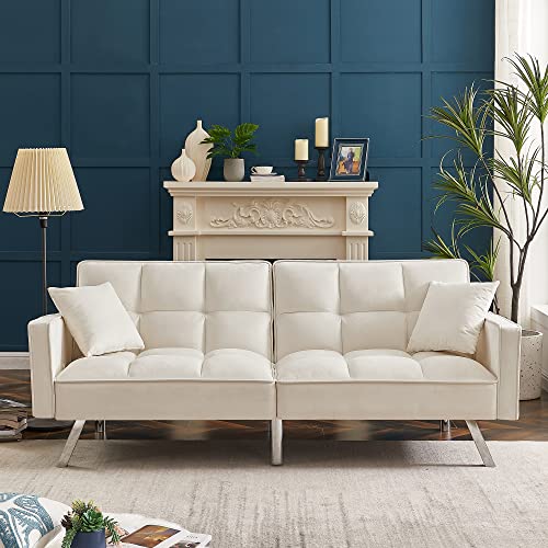 Ucloveria Mid-Century Modern Sofa Futon Couch/Loveseat/Sectional Sofa/Velvet Sofa Bed with Armrests and 2 Pillows for Living Room Bedroom, 74.4" W, White