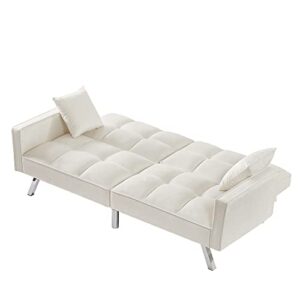 Ucloveria Mid-Century Modern Sofa Futon Couch/Loveseat/Sectional Sofa/Velvet Sofa Bed with Armrests and 2 Pillows for Living Room Bedroom, 74.4" W, White