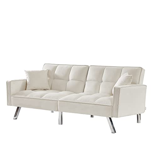 Ucloveria Mid-Century Modern Sofa Futon Couch/Loveseat/Sectional Sofa/Velvet Sofa Bed with Armrests and 2 Pillows for Living Room Bedroom, 74.4" W, White