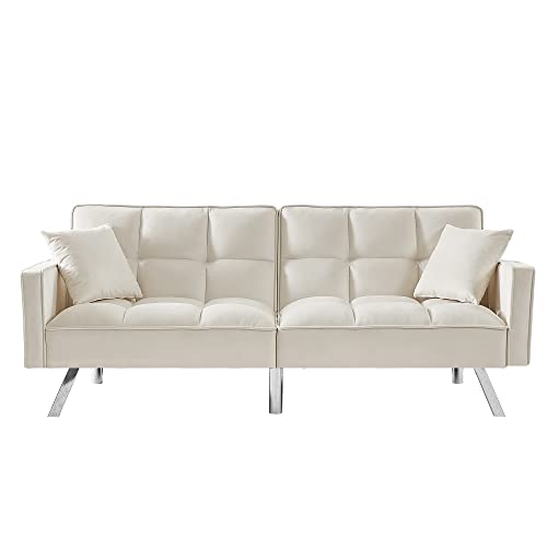 Ucloveria Mid-Century Modern Sofa Futon Couch/Loveseat/Sectional Sofa/Velvet Sofa Bed with Armrests and 2 Pillows for Living Room Bedroom, 74.4" W, White