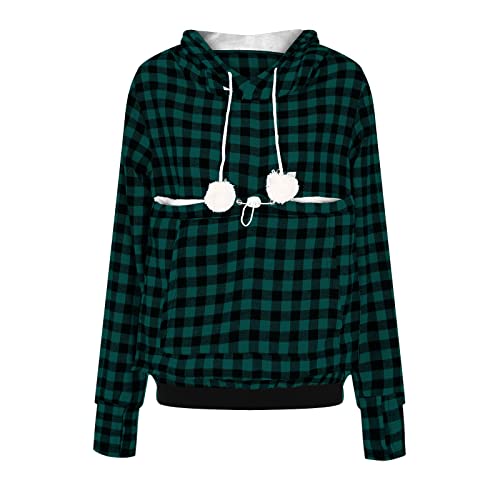 Mackneog Cat Hoodies Hoodie with Cat Pouch Hooded Loose Fitting Cat Bag Sweater Cat Pouch Plaid Puppy Pouch Winter Fall Green