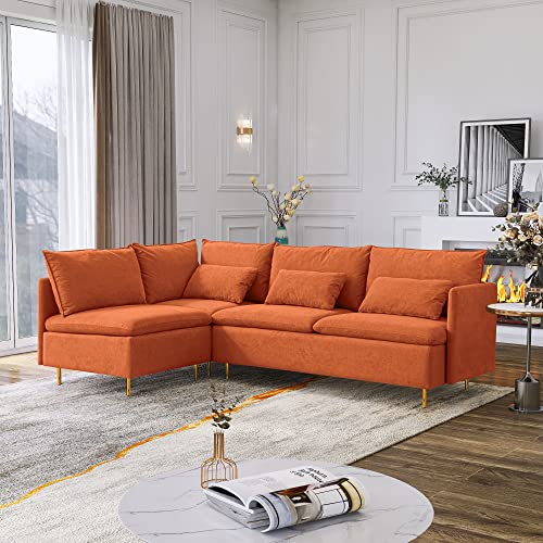 JULYFOX Orange L Sectional Couch Sofa, Mid Century Modern Corner Sectional Sofa with Chaise Armrest Throw Pillows 91 in Wide for Small Spaces