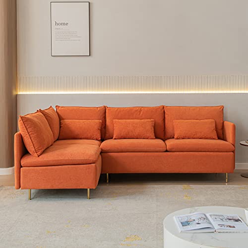 JULYFOX Orange L Sectional Couch Sofa, Mid Century Modern Corner Sectional Sofa with Chaise Armrest Throw Pillows 91 in Wide for Small Spaces