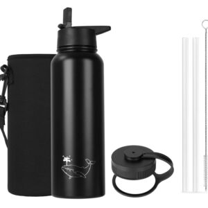 Stainless Steel Water Bottle 40 oz, 2 type Lid, Straw Lid, Wide Mouth, Leak Proof, Vacuum Insulated Stainless Steel, Double Walled, Carrying Pouch, Hot Cold Water, Powder Coating (Black)