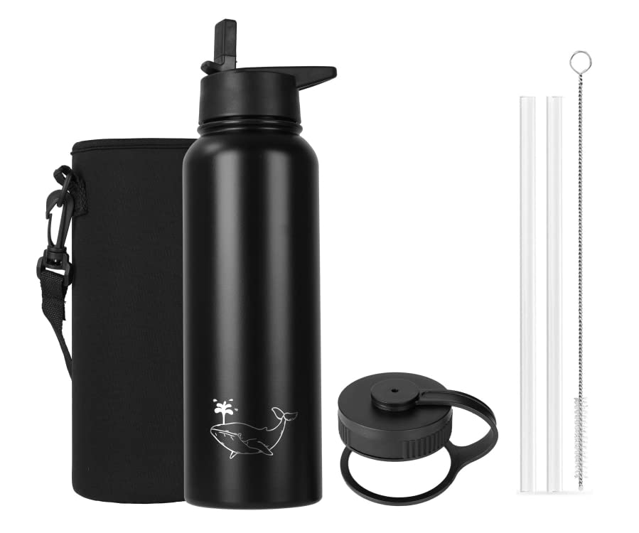 Stainless Steel Water Bottle 40 oz, 2 type Lid, Straw Lid, Wide Mouth, Leak Proof, Vacuum Insulated Stainless Steel, Double Walled, Carrying Pouch, Hot Cold Water, Powder Coating (Black)