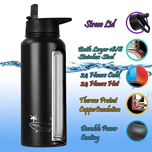 Stainless Steel Water Bottle 40 oz, 2 type Lid, Straw Lid, Wide Mouth, Leak Proof, Vacuum Insulated Stainless Steel, Double Walled, Carrying Pouch, Hot Cold Water, Powder Coating (Black)