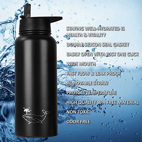 Stainless Steel Water Bottle 40 oz, 2 type Lid, Straw Lid, Wide Mouth, Leak Proof, Vacuum Insulated Stainless Steel, Double Walled, Carrying Pouch, Hot Cold Water, Powder Coating (Black)