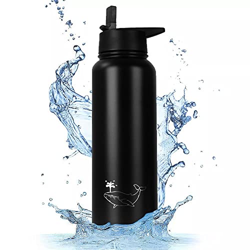 Stainless Steel Water Bottle 40 oz, 2 type Lid, Straw Lid, Wide Mouth, Leak Proof, Vacuum Insulated Stainless Steel, Double Walled, Carrying Pouch, Hot Cold Water, Powder Coating (Black)